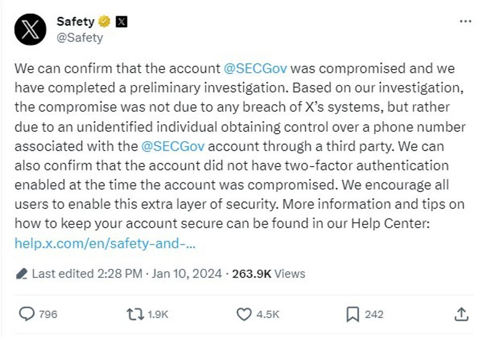 Twitter confirms @SECGov was compromised, did not have two-factor authentication enabled ...